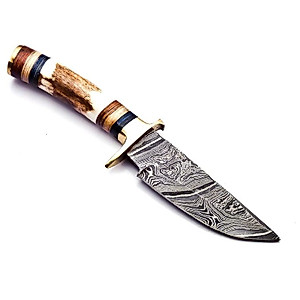 8 inch Handmade Damascus Steel Hunting knife Handle Deer Antler W Leather C. The Handle Color and Gard shape could be different then Pics