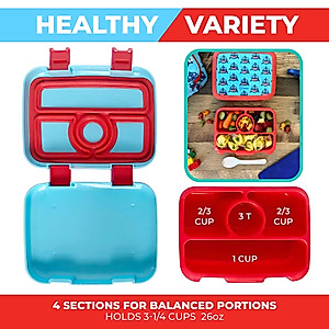 kinsho Bento Lunch Box Insulated Bag, Water Bottle & Ice Pack Set for Kids Toddlers, 4 Portion Sections, Removable Tray, PreSchool Kid Toddler Daycare Lunches, Snack Container, Blue Shark