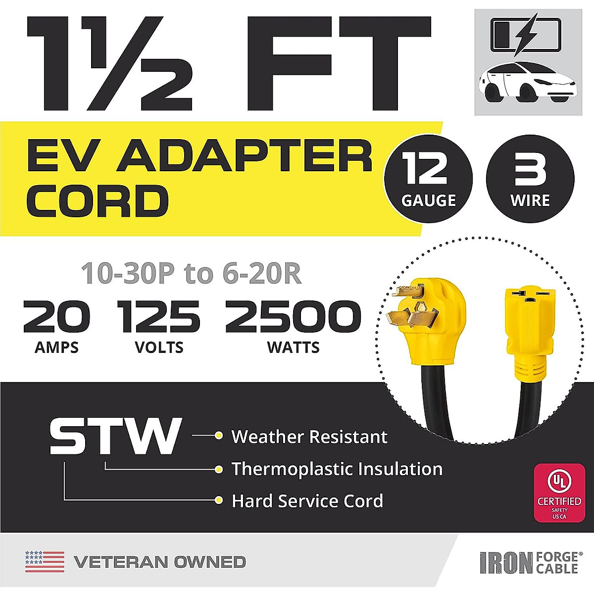 Iron Forge Cable 10-30P to 6-20R EV Charger Adapter Cord, 1.5 Ft - 12/3 STW 30 Amp Male Plug to 20 Amp Female Receptacle
