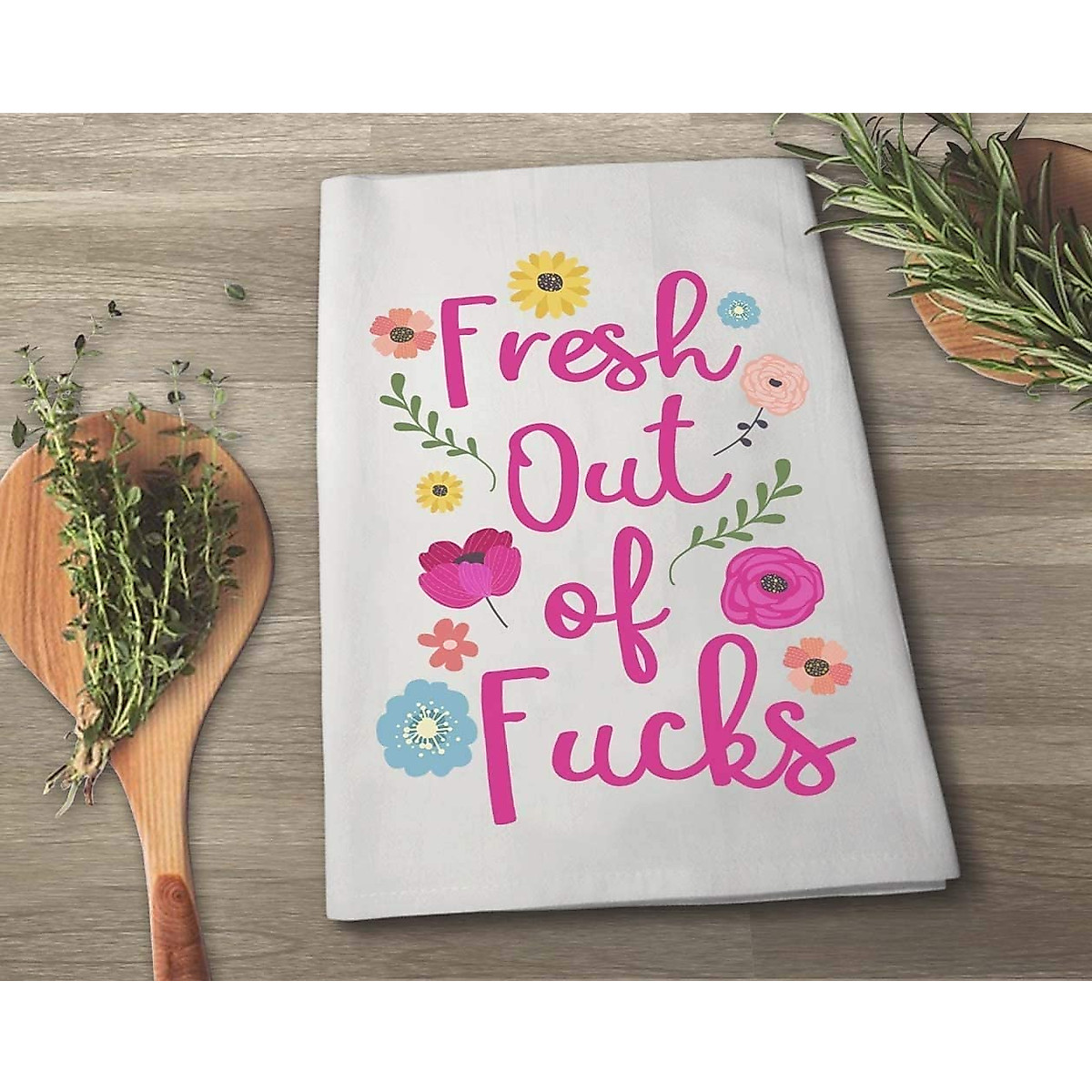 Honey Dew Gifts, Fresh Out of Fucks, 27 x 27 Inch, Made in USA, Cotton Flour Sack Towel, Bathroom Hand Towels, Funny Floral Flowers Dish Towels, Adult Humor Kitchen Towels, Inappropriate Gifts