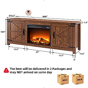 OKD Farmhouse Fireplace TV Stand for 70 75 Inch TV, Rustic Entertainment Center w/ 23" Electric Fireplace, Barn Door, Adjustable Shelves, Wood Media Console Cabinet for Living Room, Reclaimed Barnwood