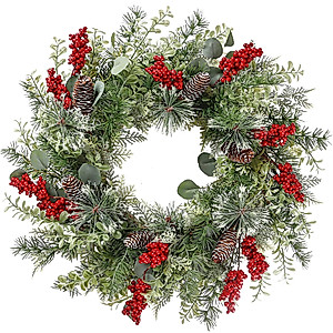 Sggvecsy 21 Inch Artificial Christmas Wreath for Front Door Xmas Red Berry Wreath with Pine Needles Pine Cones Eucalyptus Leaves Christmas Hanging Decorations for Wall Outdoor Home Window Decor