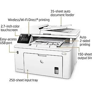HP Laserjet Pro MFP M227fdw All-in-One Wireless NFC Ethernet Monochrome Laser Printer, W - Print Scan Copy Fax - 30 ppm, 1200x1200 dpi, Auto 2-Sided Printing, 35-Sheet ADF - White