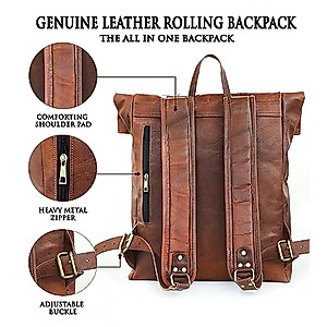 ANUENT Roll Top Leather Backpack for Men and Women Vintage Brown Large Laptop and Travel Bag Best Rucksack for Work, Adventure, and Business Leather Bookbag
