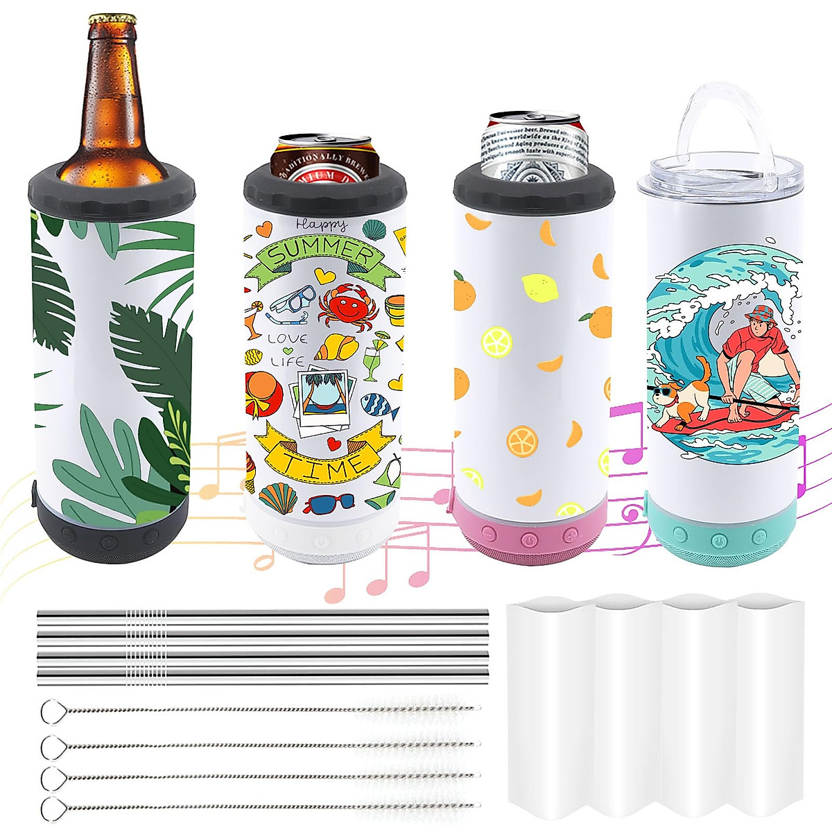 Lilsofee 4 Pack 16oz Sublimation Bluetooth Speaker Blank Tumblers Bulk Stainless Steels Insulated 4 in 1 Can Cooler Beer Holder With Lid and Straw Mix Colors Metal Slim Coozies for Drinks