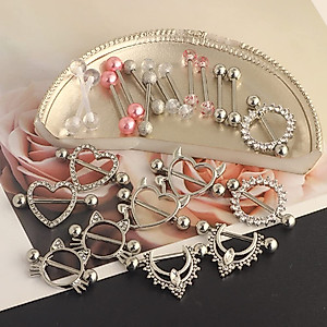 TIANCI FBYJS 11 Pairs Stainless Steel 14G Nipple Rings Nipplerings CZ Heart Tongue Shield Barbell Rings Retainer Body Piercing Jewelry for Women 9/16Inch