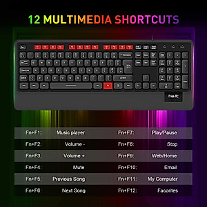 havit USB Wired Keyboard, Quiet LED Backlit Computer Keyboard Ergonomic Rainbow Gaming Keyboards with Wrist Rest for Office PC Desktop Laptop Game, 105 Keys UK Layout