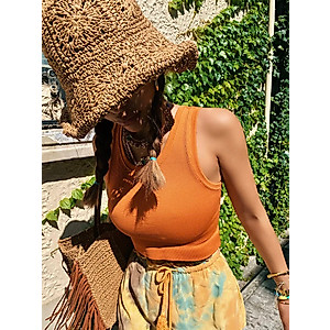 Women Straw Sun Hat Floral Woven Crochet Bucket Hat Y2k Aesthetic Accessories Beach Hat Hand Woven Boho Foldable Cap (Beige,One Size)