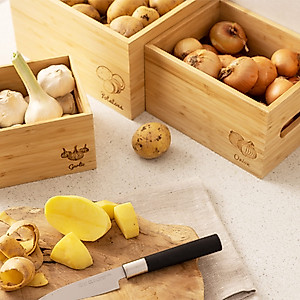 Navaris Bamboo Stackable Potato Onion & Garlic Storage, Set of 3 - Vegetable Storage Crates for The Home and Kitchen - Storage Boxes for Vegetables