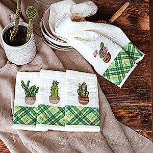 Lavien Home, Kitchen Dish Towels with Cactus Embroidered, Decorative Succulent Flowers Cute Tea Towels Turkish Cotton Waffle Weave 16 x 24 inches (Set of 4)