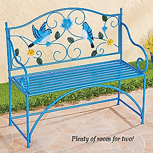 Collections Etc Blue Bird Metal Scrolling Garden Bench - Perfect Decorative Accent for Yard, Porch, and Garden