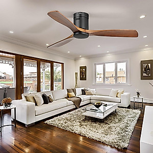 Sofucor 52 Inch Low Profile Ceiling Fan 3 Carved Wood Fan Blade Noiseless Reversible DC Motor Remote Control Without Light Flush Mount Farmhouse Ceiling Fan No Light for Low Ceiling