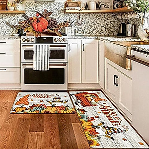 Bsmathom Anti Fatigue Kitchen Rug Set of 2, Cushioned Non Slip Kitchen Rugs and Mats, Pumpkin Kitchen Mats for Floor Set, Waterproof Kitchen Rug Runner Floor Mats for Home Kitchen