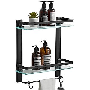 BESy Heavy Duty Lavatory Glass Bathroom Shelf, 2 Tier Tempered Glass Shower Shelves with Towel Bar Wall Mounted, Shower Storage 15 by 5 inches, Matte Black Finish/Aluminum
