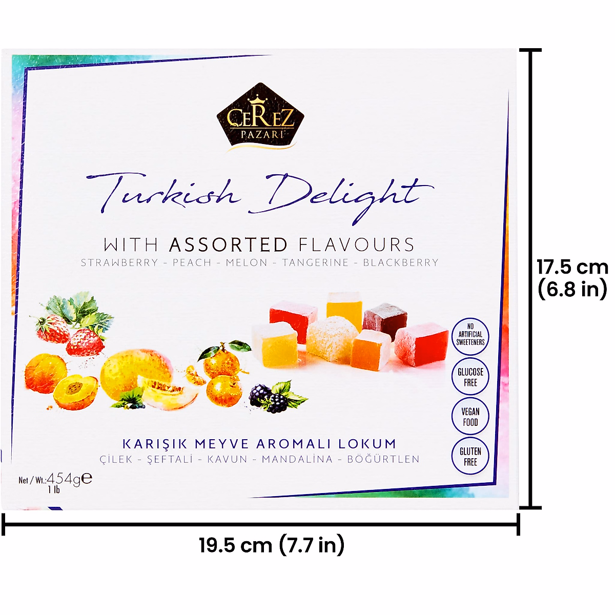 Cerez Pazari Turkish Delight Candy With Assorted Flavors, Gourmet Medium Size Snacks Gift Box, Sweet Luxury Traditional Confectionery Loukoumi, Vegan Lokum, Approx. No Nuts, 42 Pcs, 16 oz.