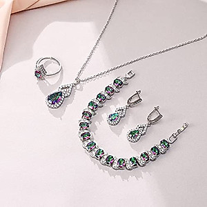 Mayfox Bridal Cubic Zirconia Open Ring Bracelet Necklace Dangle Earrings Set, Waterdrop Oval White Gold Plated Jewelry Gifts for Woman Multicolor Silver-Tone