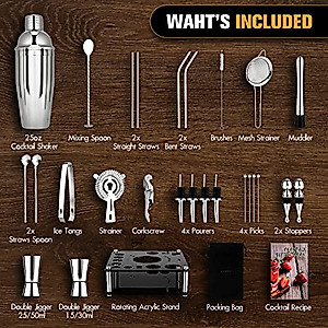 KINGROW Mixology Cocktail Shaker Set - Complete 29-Piece Bartender Kit and Bar Tools with Acrylic Rotating Stand, Professional Bar Set for Drink Mixing, Home, Bar, Party (Sliver)