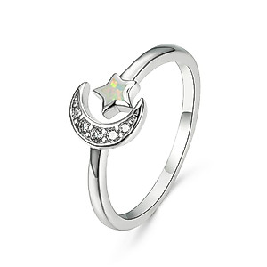 Opal Star Moon Open Adjustable Ring for Women Girls 925 Sterling Silver Crystal Cubic Zirconia Crescent Moon Lucky Stars Stacking Statement Thin Tail Finger Band Eternity Love Promise Expandable