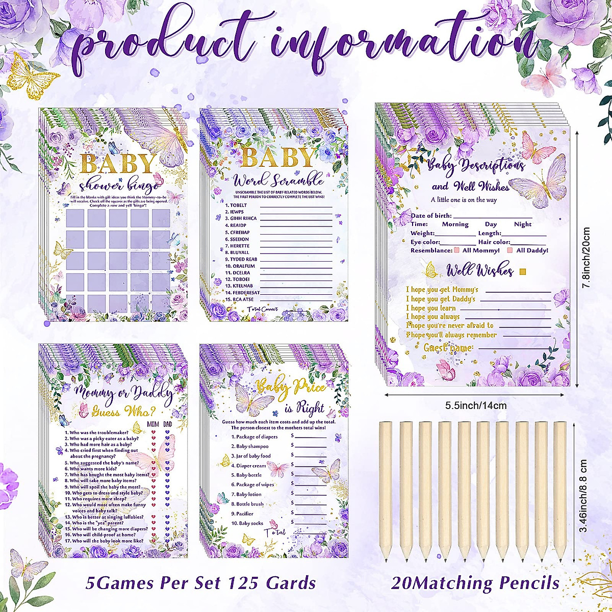 Nuanchu 145 Pcs Butterfly Theme Baby Shower Games, 5 Games, 25 Sheets Each with 20 Pencils, Baby Shower Bingo, Guess Who, Word Scramble, Baby Descriptions and Wishes Game