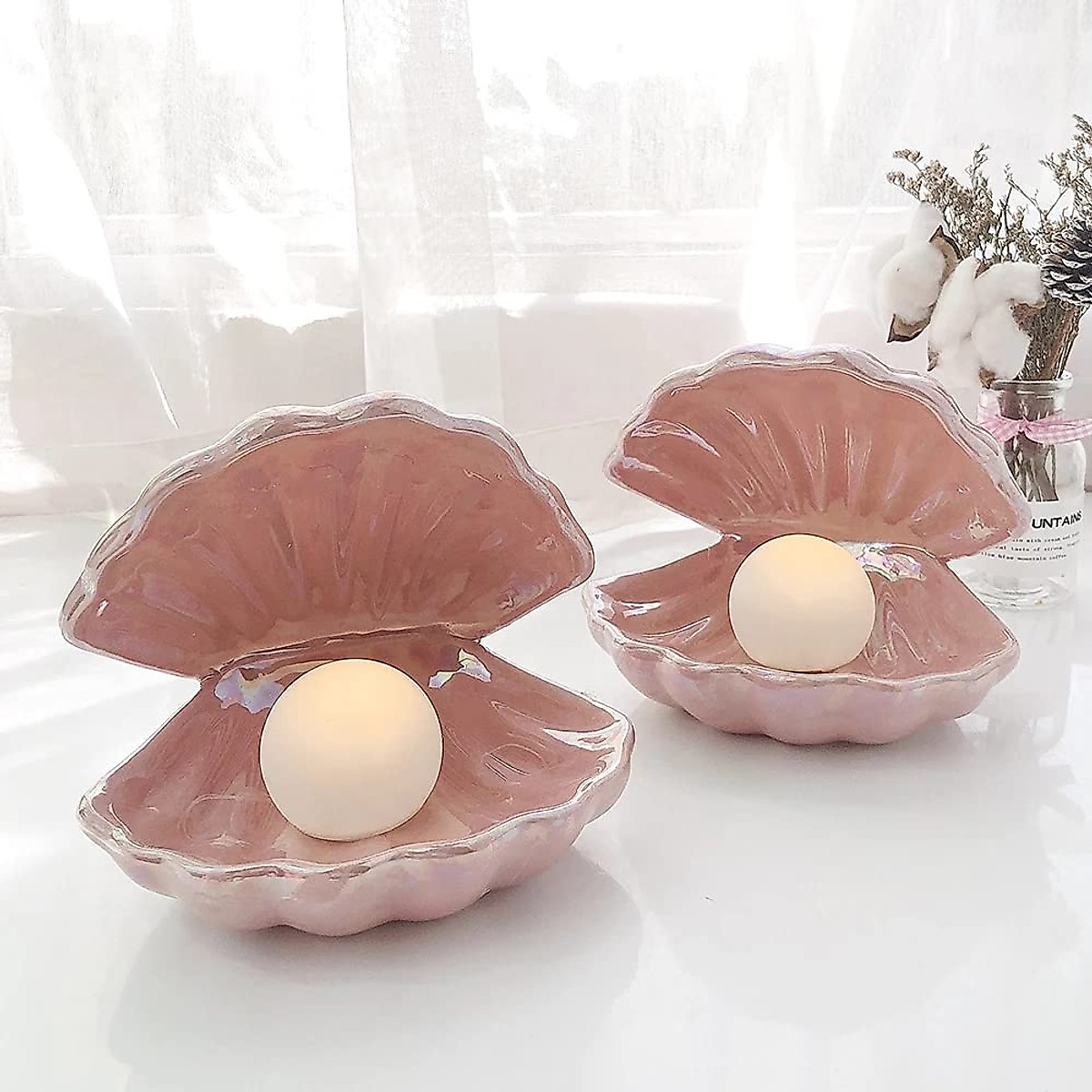 Koolouispoper Ins Japanese Style Ceramic Shell Pearl Night Light Streamer Mermaid Fairy Shell Night Lamp for Bedside Home Decoration Xmas Gift (Pink)