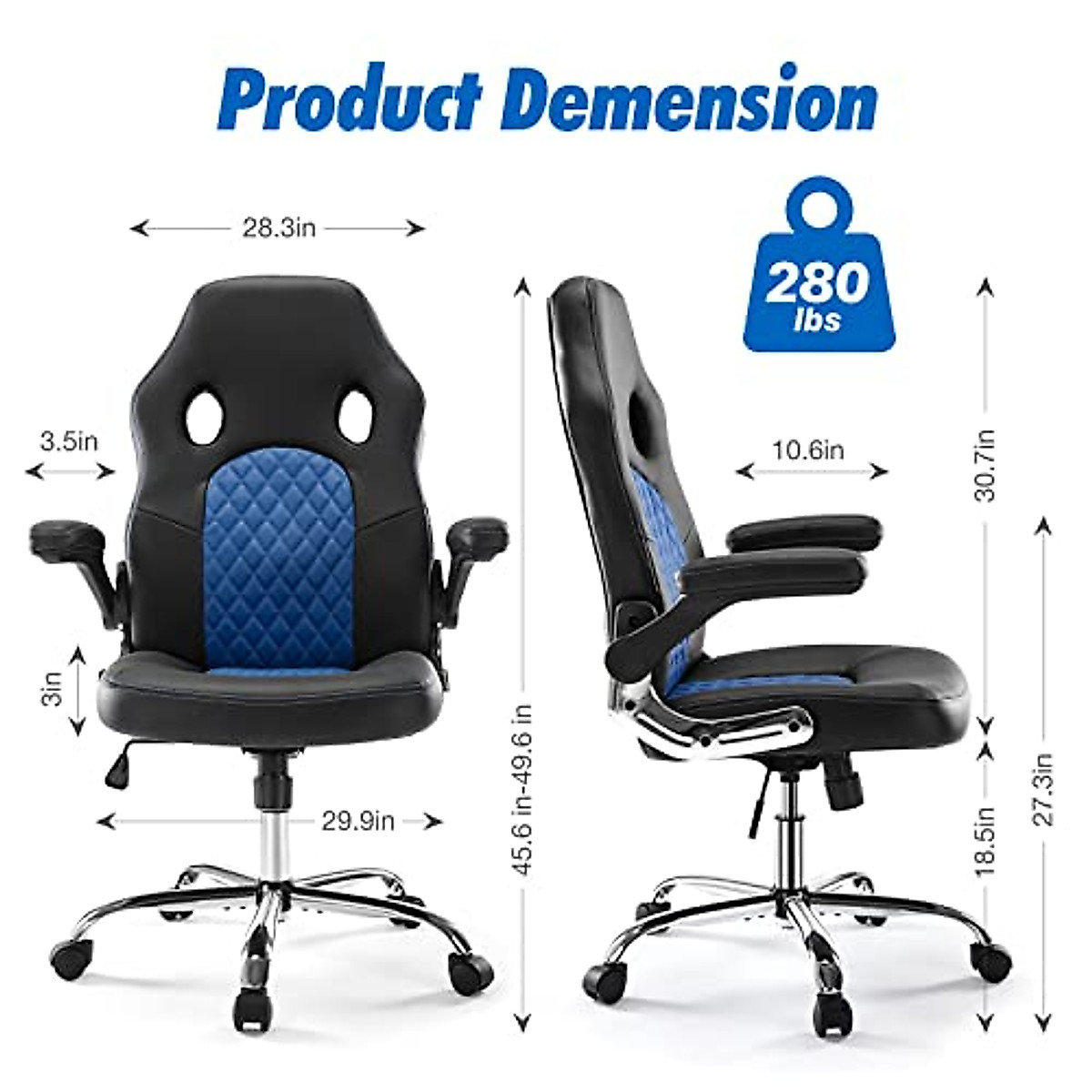 OLIXIS Gaming Ergonomic Office Desk Flip-up Armrests and Lumbar Support PU Leather Executive Mid Back Computer Chair for Adults, Blue