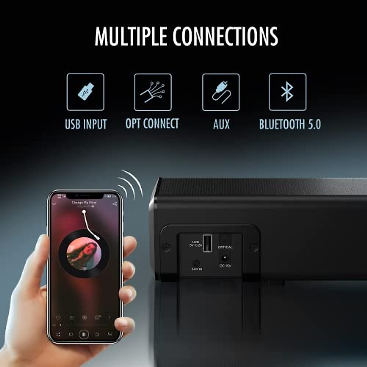 Wohome 16-Inch Small Sound Bars for TV, 50W Mini TV Speakers Soundbar with Wireless Bluetooth 5.0/Optical/AUX-RCA/USB Connection for Smart TV, 5EQs - S66