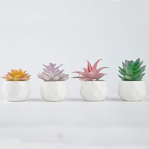 Set of 4 Mini Artificial Succulent Plants with White Geometric Ceramic Planters Faux Succulent for Bedroom Bathroom Bookshelf Office,Wedding Home Garden Decor（red/Green/Orange Yellow/Purple）