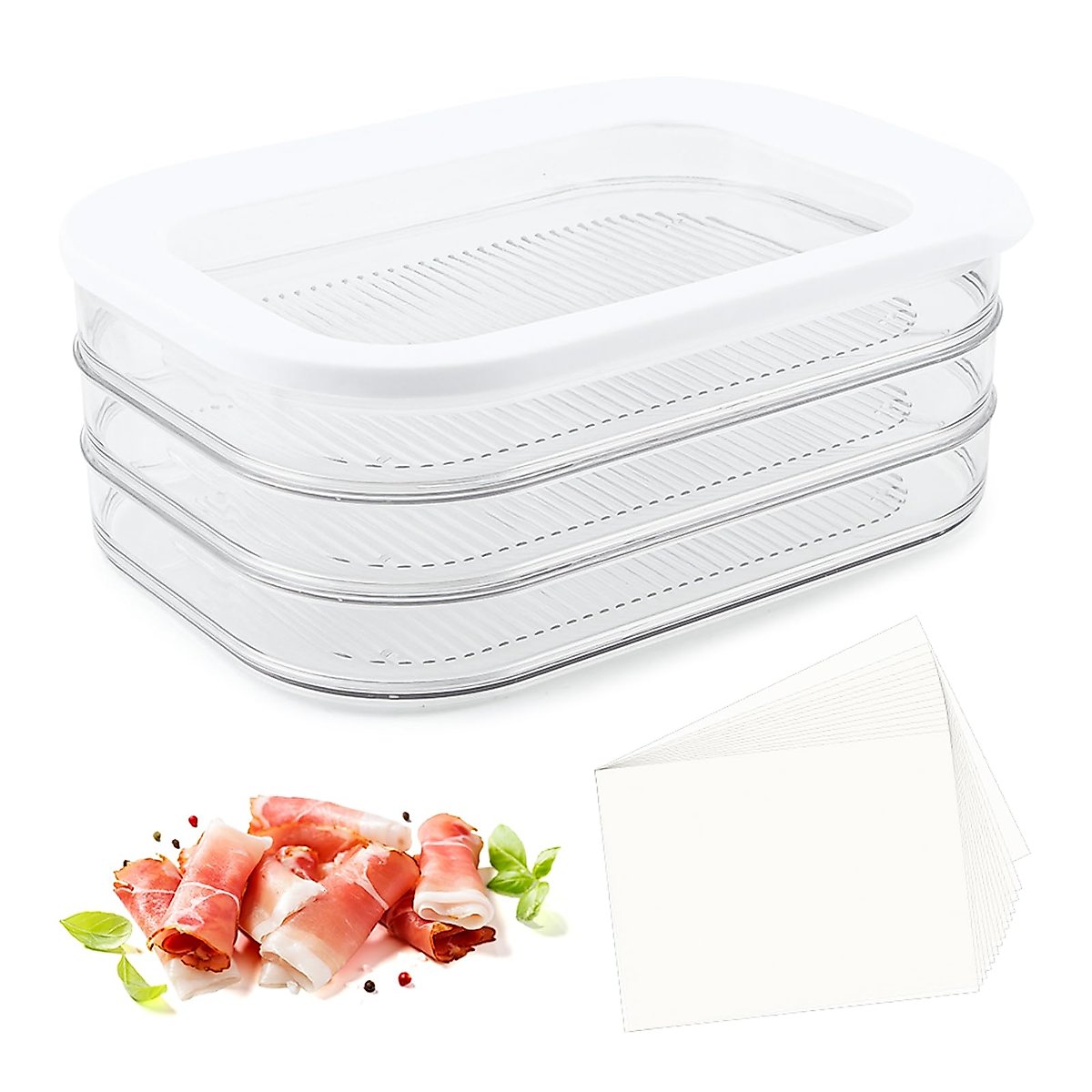 Deli Meat Container for Fridge,Airtight Bacon Lunch Meat Container for Refrigerator, 18.6oz Meal Prep Containers with 50pcs Baking Paper,Stackable Food Storage Boxes with Lid