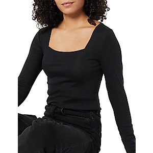 Amazon Essentials Women's Slim-Fit Long Sleeve Square Neck T-Shirt, Black, Medium