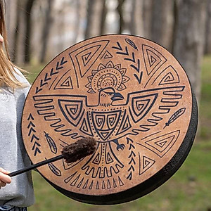 Firlar Shaman Drum, 10 Inch Shaman Bird Pattern Handmade Shaman Drum With Drum Stick, Spiritual Instrument, Exquisite Look, Siberian Drum Spirit Music Symbol, Sound Healer Shaman Drum Brown
