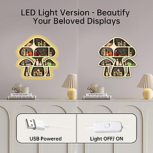 LED Mushroom Decor Cute Mushroom Floating Shelves, Crystal Shelf Display for Wall, Rock Gem Stone Storage Organizer, Trinkets Holder, Knick Knack Shelf, Mushroom Item, Unique Gift for Mushroom Lovers