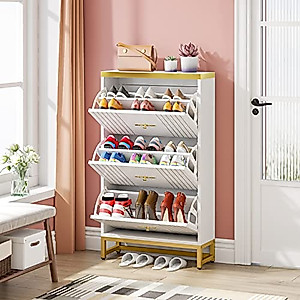 Tribesigns Shoe Cabinet with 3 Flip Drawers, Modern 18-24 Pair Shoe Rack Organizer with 2 Hanging Hooks, Freestanding Tipping Bucket Shoe Storage Cabinet for Entryway