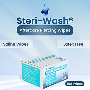 Steri-Wash® Aftercare Piercing Wipes 100 Count - Sterile Saline Solution for Gentle and Convenient Piercing Cleansing for Nose, Ear, Belly, Lips - Cleanses, Sanitizes and Soothes Skin Irritations