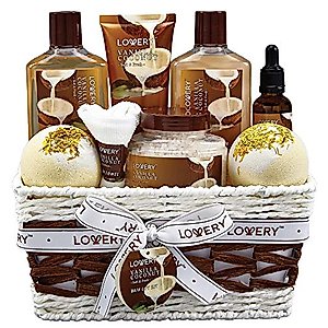 Bath and Body Gift Basket For Women and Men – 9 Piece Set of Vanilla Coconut Home Spa Set, Includes Fragrant Lotions, Extra Large Bath Bombs, Coconut Oil, Luxurious Bath Towel & More