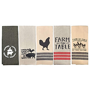 fillURbasket Farmhouse Kitchen Towels Set Farm Towels Pig Rooster Chicken Cow Towels Tan Black Dish Towels Set of 5 Cotton 16"x28"