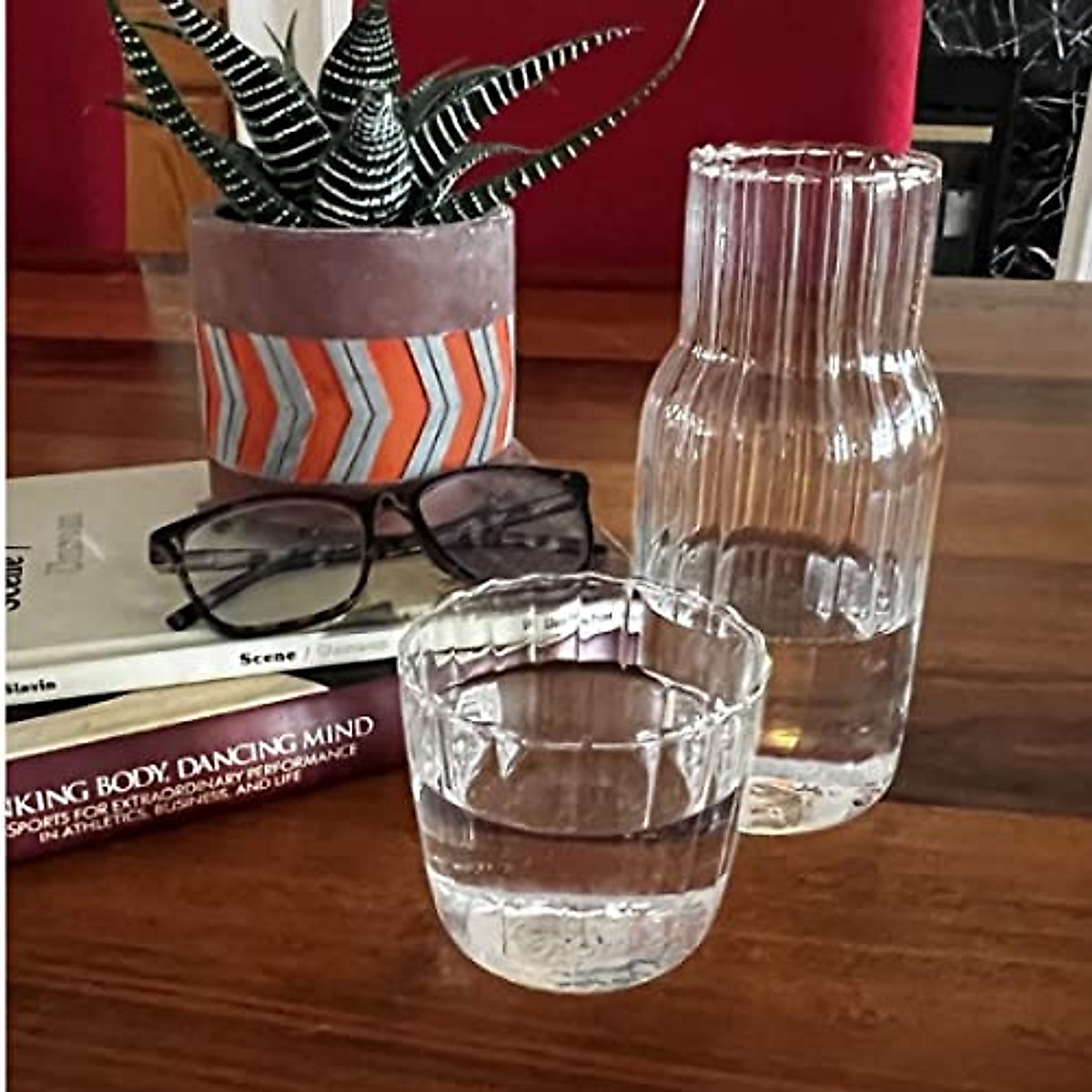 Lily's Home Vintage Style Bedside Night Water Carafe with Tumbler Glass, Use in Bedroom Bathroom, or Kitchen, Use Cup as Lid, 16 Ounces