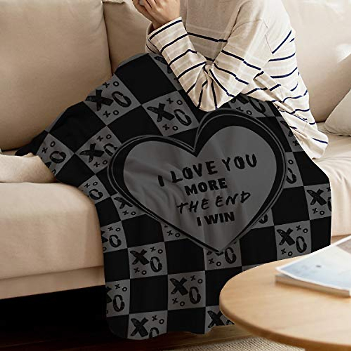 SIGOUYI Flannel Fleece Blanket for All Season Lightweight Throw for Bed Couch Chair Extra Soft Brush Fabric Warm Sofa Blankets, I Love You More The End I Win Black Gray Heart 60"x80"