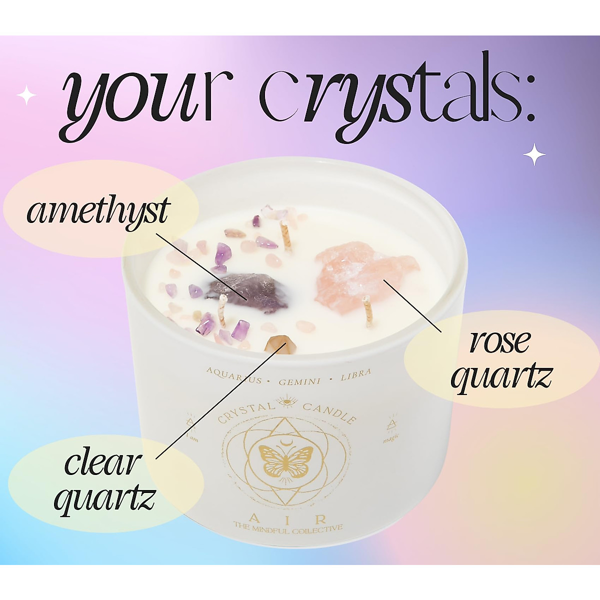 Healing Crystal Candle, 12oz - 3 wick Aquarius, Gemini, Libra Zodiac Candles with Crystals Inside. Zodiac Gifts for Women, Real Crystals and Healing Stones Manifestation Candle, Meditation Candle