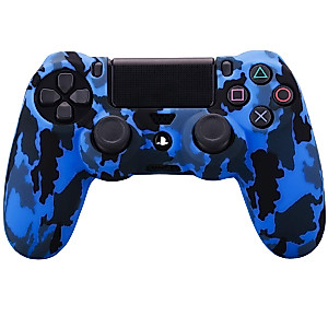 YoRHa Water Transfer Printing Camouflage Silicone Cover Skin Case for Sony PS4/slim/Pro Dualshock 4 Controller x 2(red+Blue) with Pro Thumb Grips x 8