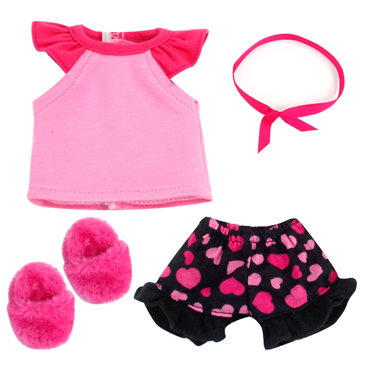 Sophia's Heart Pajama Set with Pink Top, Heart Print Shorts, Hairpiece and Hot Pink Furry Slippers for 14.5" Dolls, Pink/Black