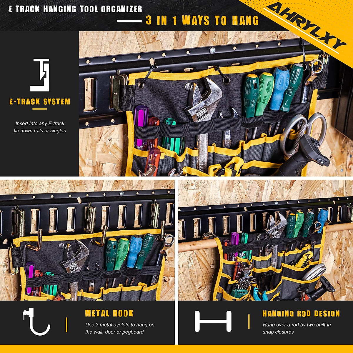 AHRYLXY 2 Pack E-Track Hanging Tool Organizer, E Track Wall Hanging Pocket Tool Holder, E-Track Accessories for Enclosed Trailer, Garage Warehouse and Workshop, Wall Mount Multi Pockets Tool Organizer
