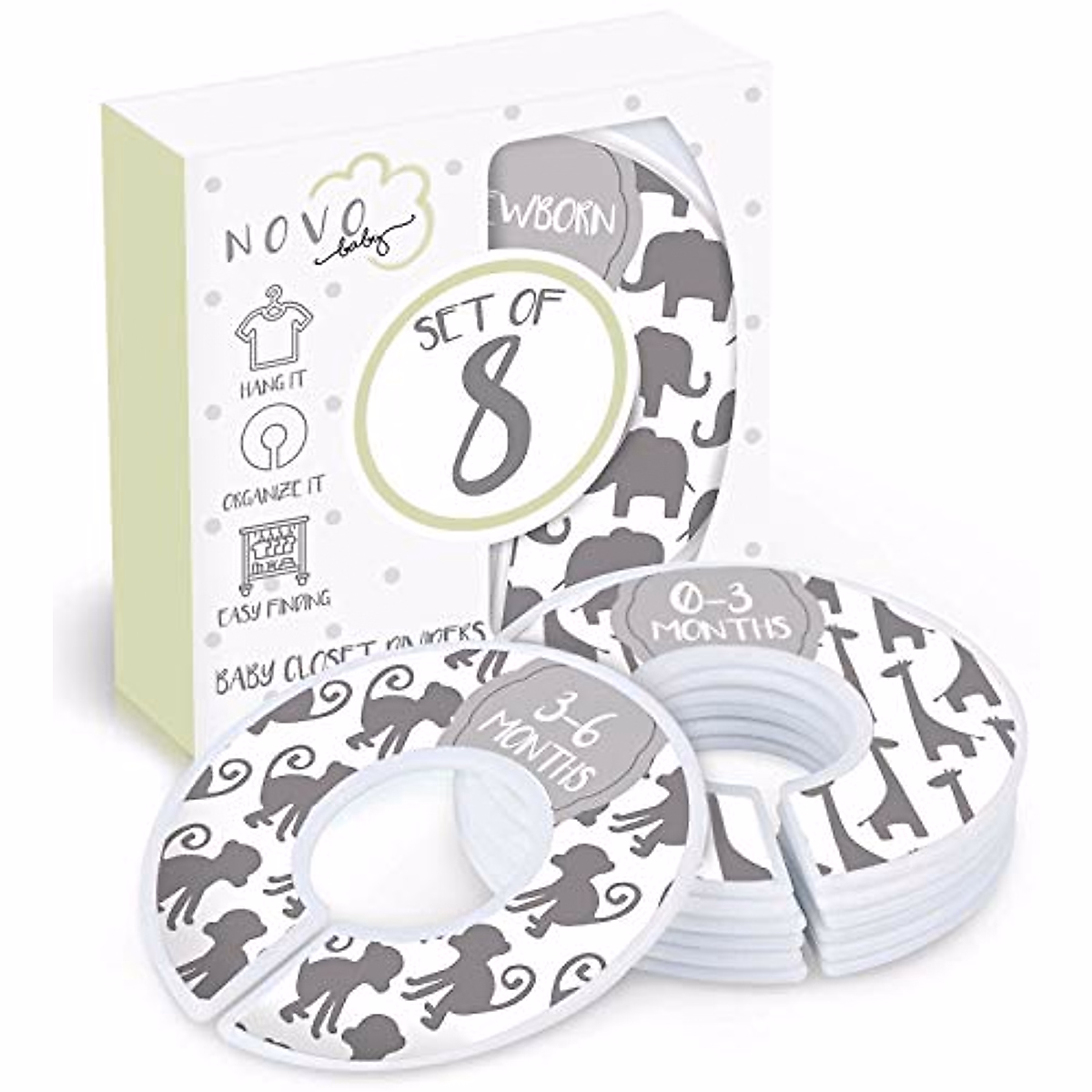 Baby Closet Size Dividers | Set of 8 | Nursery Clothes Organization Sized from Newborn | 1 - 24 Months to Toddler | Perfect for Baby Shower (Unisex - Animals)