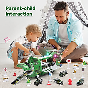 CUTE STONE 2-in-1 Amy Helicopter Toys, Boys Military Toy Friction Powered Helicopter w/Electric Rubber Propeller, Realistic Light & Music, Mini Vehicles, Traffic Road Signs, Vehicle Toy Set for Kids