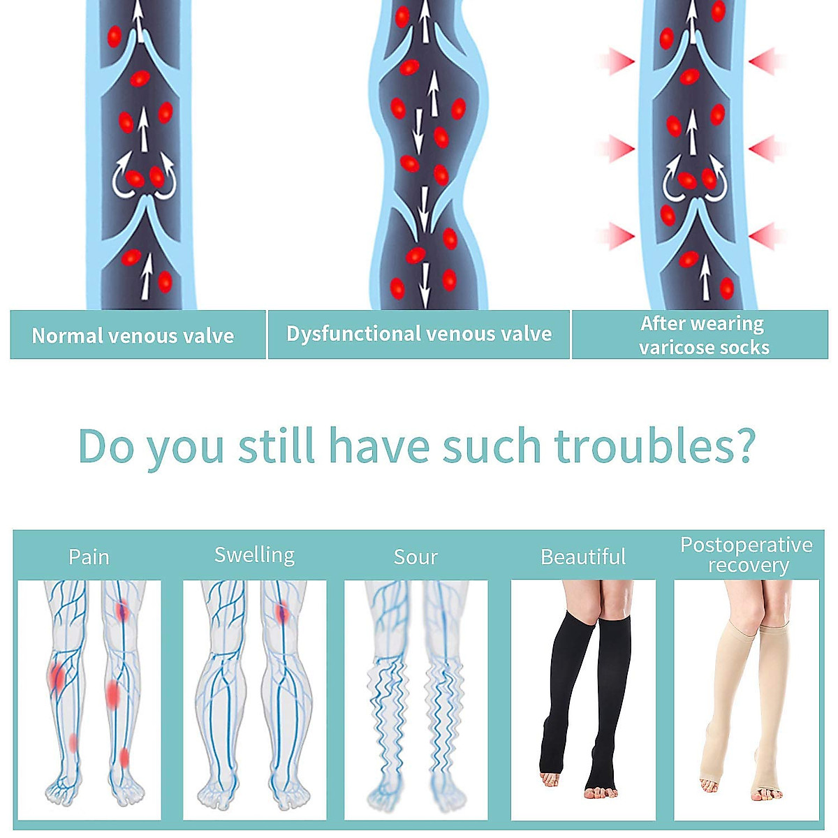 MEILYLA Open Toe Compression Socks 20-30 mmHg Knee High Support Stockings for Men Women Beige & Black