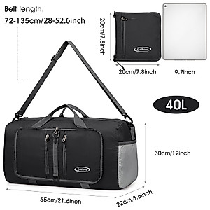 G4Free 40L/65L Foldable Duffel Bag, Water-Repellent Travel Backpack, Lightweight Carry Bag for Overnight Weekender Sports Men Women, Balck, 40L
