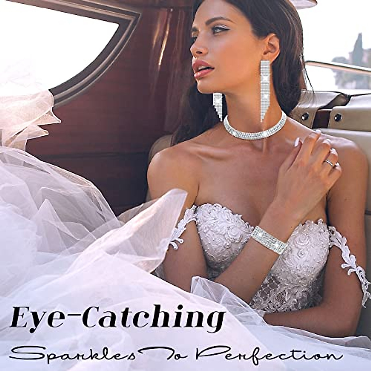 Meanplan Silver Bling Clutch Purse Rhinestone Jewelry Set 4 Pieces Crystal Dangle Fringe Earrings Bridal Wedding Choker Necklace Bracelet and Evening Clutch Bag for Women Girls (Cute Style)