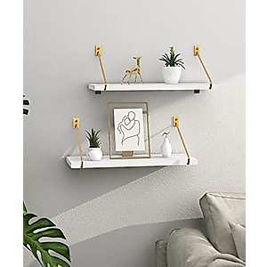 Gronda White Floating Shelves Set of 2, Modern Floating Shelves Wall Mounted with Gold Bracket Wall Shelves for Living Room Bathroom Bedroom Kitchen Office