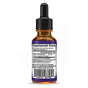 Organic Elderberry Drops Liquid Extract Daily Immune System Support 250MG Sambucus Nigra Antioxidant Berry Flavor for Kids & Adults