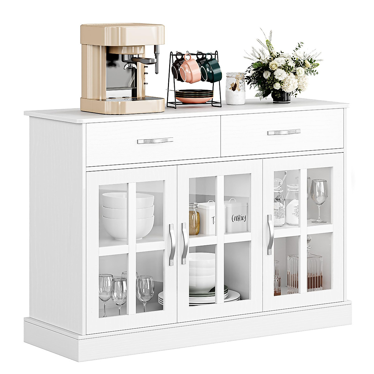 FOTOSOK Sideboard Buffet Cabinet with Glass Doors, Buffet Sideboard Kitchen Sideboard Cabinet Buffet Table with 2 Storage Drawers & Shelves for Dining Living Room, White