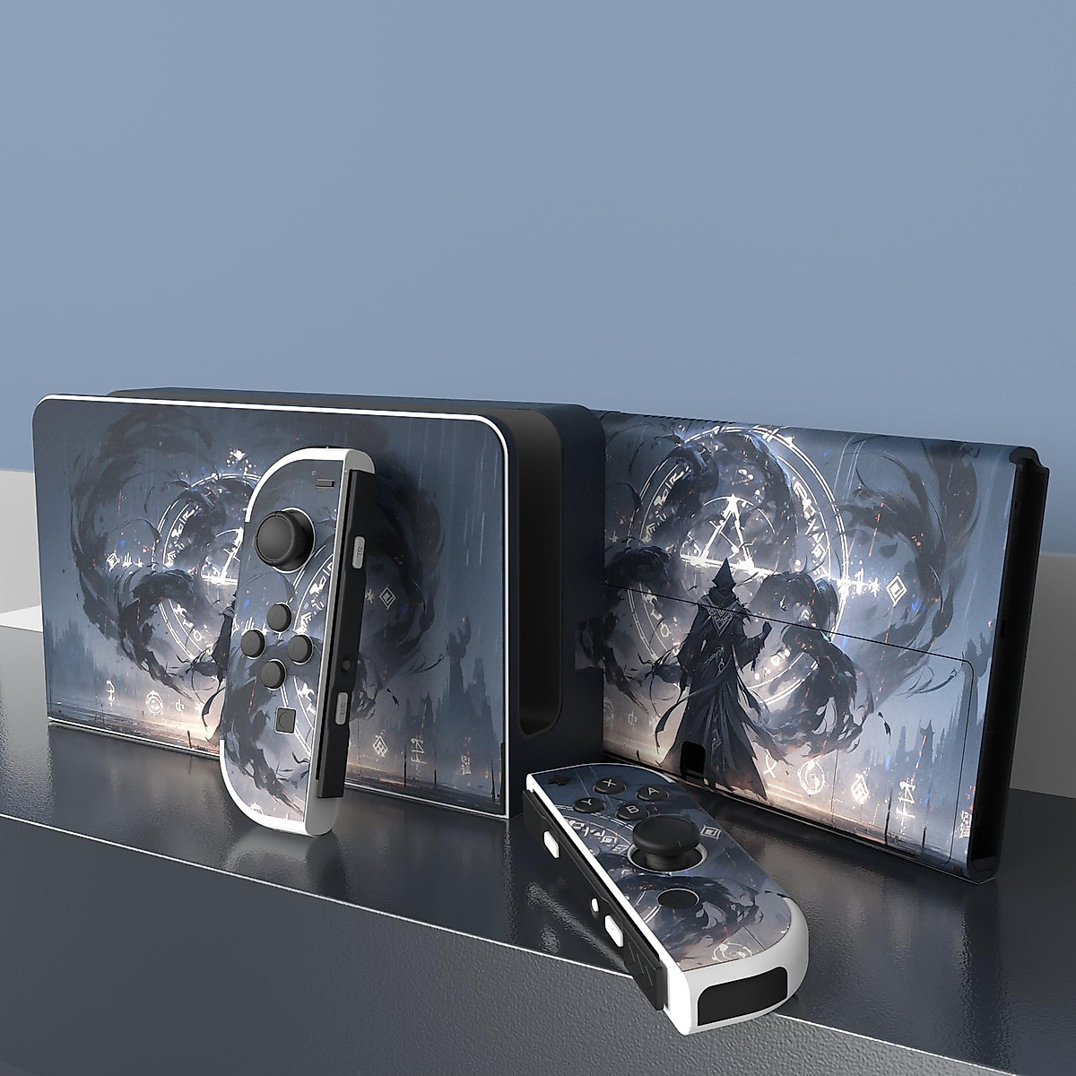 PlayVital Full Set Protective Stickers for Nintendo Switch OLED Model, Customized Vinyl Decal Skins for Switch OLED Console & Joycon & Dock & Grip - Runecaster